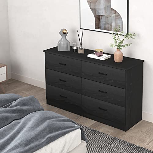 Bigbiglife Wood Dresser for Bedroom, 6 Drawer Double Dresser with Metal Handles, Sturdy and Modern Chest of Drawers (Black)