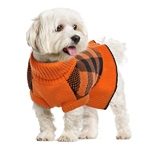 Lelepet Dog Sweater Dress Turtleneck Pullover Knitwear Warm Girl Dogs Dress Small Dog Sweaters for Girls Fall Winter Classic Plaid Dog Halloween Sweater for Small Medium Female Dogs Puppy, Orange, S