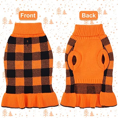 Lelepet Dog Sweater Dress Turtleneck Pullover Knitwear Warm Girl Dogs Dress Small Dog Sweaters for Girls Fall Winter Classic Plaid Dog Halloween Sweater for Small Medium Female Dogs Puppy, Orange, S