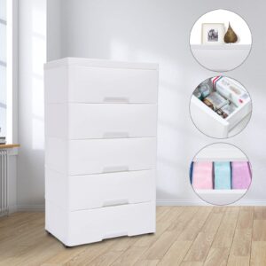 LiFuJunDong 5 Drawer Plastic Drawer Dresser on Wheels,White Storage Cabinet Organizer,Stackable Vertical Clothes Storage Tower for Bedroom,Drawer Cabinets for Hallway, Entrance, Closet H33xW18xD11