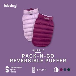 fabdog Dog Puffer Coat - Reversible Pack N Go Dog Coats for All Breeds - Comfy & Colorful Dog Jackets are Ideal Gifts - Clothes Fit Necks 22" | Purple Combo