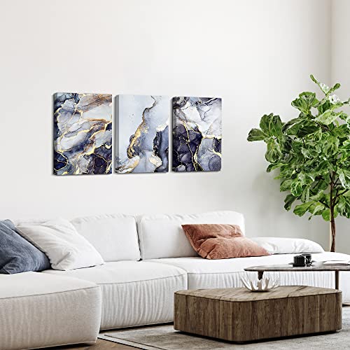 Creoate Abstract Wall Art 3 Pieces Navy Blue Gold Canvas Painting Print Wall Art Wrapped Canvas Art Set Modern Home Office Wall Decor for Living Room, Ready to Hang