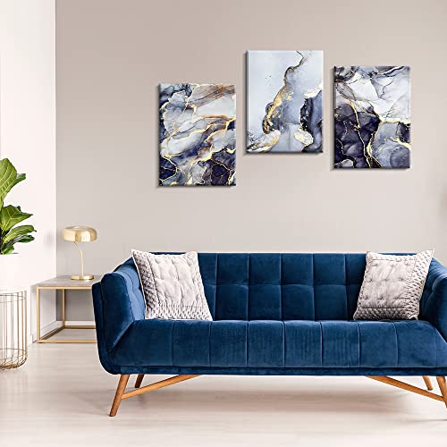 Creoate Abstract Wall Art 3 Pieces Navy Blue Gold Canvas Painting Print Wall Art Wrapped Canvas Art Set Modern Home Office Wall Decor for Living Room, Ready to Hang