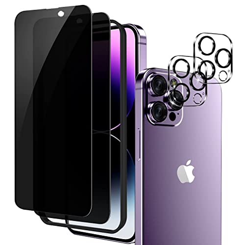 YMHML 2 Pack iPhone 14 Pro Privacy Screen Protector + 2 Pack iPhone 14 Pro Camera Lens Protector, Anti Spy Tempered Glass Privacy Screen for iPhone 14 Pro (6.1 Inch), Bubble Free Easy Installation