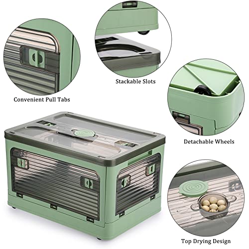 BTSKY 2 Pack Clear Plastic 4 Doors Collapsible Storage Bins with Lid & Wheels 20 L Foldable Lidded Storage Box Multifunctional Stackable Folding Organizer Cube for Camping Clothes Toys Snacks Storage Box Container (Green)