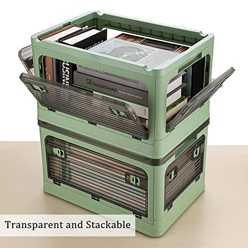 BTSKY 2 Pack Clear Plastic 4 Doors Collapsible Storage Bins with Lid & Wheels 20 L Foldable Lidded Storage Box Multifunctional Stackable Folding Organizer Cube for Camping Clothes Toys Snacks Storage Box Container (Green)