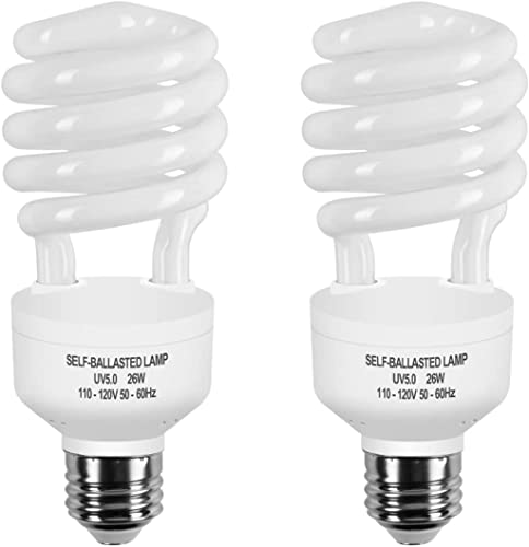 Simple Deluxe 2 Pack Reptile UVA UVB Light 5.0 26W Compact Fluorescent Lamp Light Bulb for Rainforest Tropical Terrarium, Reptiles, Lizard, Turtle, UVB 5.0