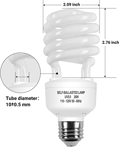 Simple Deluxe 2 Pack Reptile UVA UVB Light 5.0 26W Compact Fluorescent Lamp Light Bulb for Rainforest Tropical Terrarium, Reptiles, Lizard, Turtle, UVB 5.0