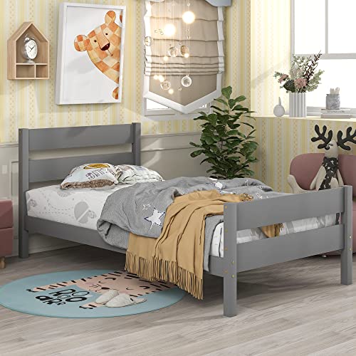 Twin Size Bed Frame, Twin Platform Bed with Headboard and Footboard, Solid Wood Twin Bed for Kids Boys Girls Teens Adults,No Box Spring Needed, Gray