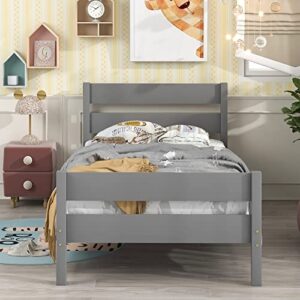 Twin Size Bed Frame, Twin Platform Bed with Headboard and Footboard, Solid Wood Twin Bed for Kids Boys Girls Teens Adults,No Box Spring Needed, Gray