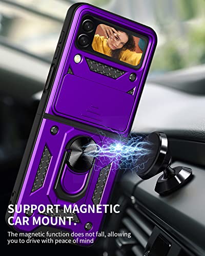 AICase for Samsung Galaxy Z Flip 4 Case, with Ring Kickstand and Camera Cover, Shockproof Flip Phone Case for Galaxy Z Flip 4 5G [Support Magnetic Car Mount], Purple