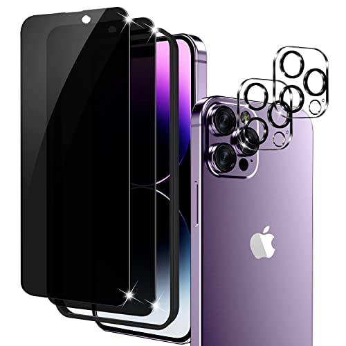 YMHML 2 Pack iPhone 14 Pro Max Privacy Screen Protector + 2 Pack Camera Lens Protector, Anti Spy Tempered Glass Privacy Screen (6.7 Inch), Easy Installation