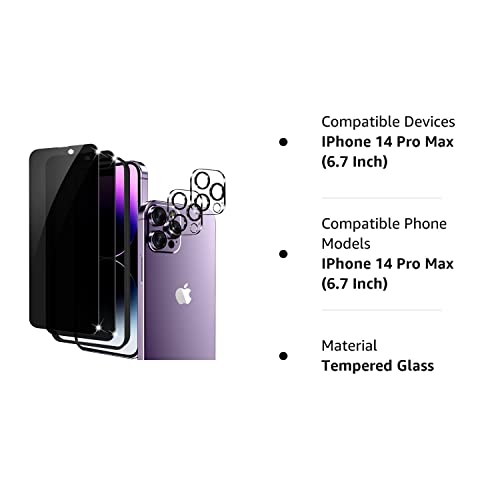 YMHML 2 Pack iPhone 14 Pro Max Privacy Screen Protector + 2 Pack Camera Lens Protector, Anti Spy Tempered Glass Privacy Screen (6.7 Inch), Easy Installation