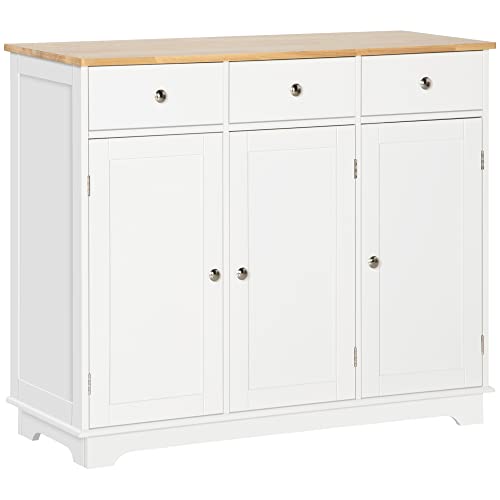 HOMCOM Sideboard Buffet Cabinet with Drawers, Kitchen Cabinet, Coffee Bar Cabinet with Rubberwood Top and Adjustable Shelves for Living Room, Kitchen, White