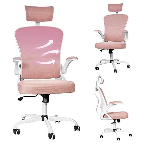 Dvenger Office Desk Chairs with Wheels and Flip up Arms Headrest, Executive Office Chairs Clearance, Height Adjustable Ergonomic Mesh Office Chair for Home Office, Pink