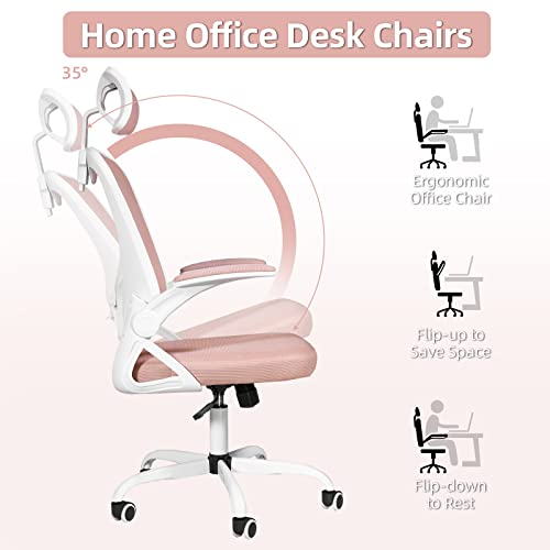 Dvenger Office Desk Chairs with Wheels and Flip up Arms Headrest, Executive Office Chairs Clearance, Height Adjustable Ergonomic Mesh Office Chair for Home Office, Pink