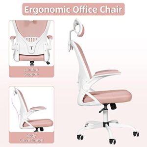 Dvenger Office Desk Chairs with Wheels and Flip up Arms Headrest, Executive Office Chairs Clearance, Height Adjustable Ergonomic Mesh Office Chair for Home Office, Pink