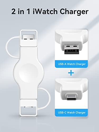 NEWDERY Portable Apple Watch Charger, Wireless Charger for iWatch with USB-A & USB-C Fast Charging Magnetic Cordless Travel Charger for Apple Watch Series 8 7 SE 6 5 4 3 2, White