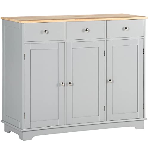 HOMCOM Sideboard Buffet Cabinet with Drawers, Kitchen Cabinet, Coffee Bar Cabinet with Rubberwood Top and Adjustable Shelves for Living Room, Kitchen, Gray