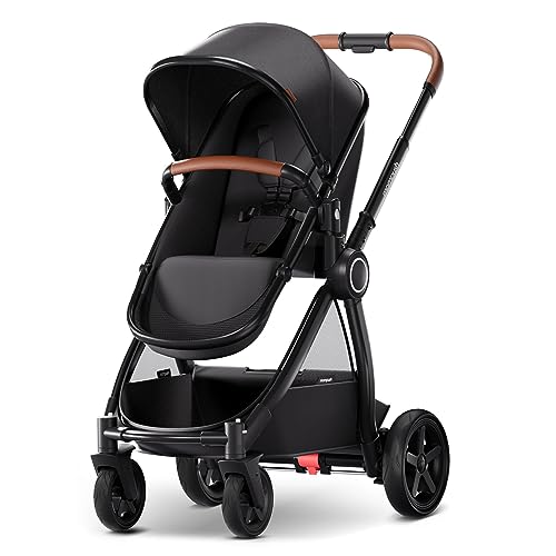 Mompush Ultimate2 Baby Stroller, Premium Convertible Full-Size Bassinet Stroller for Toddler, Newborn Stroller with Reversible Seat, One Hand Recline Pushchair Pram, Car Seat Adapter Included Black