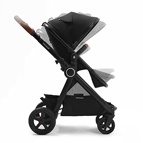 Mompush Ultimate2 Baby Stroller, Premium Convertible Full-Size Bassinet Stroller for Toddler, Newborn Stroller with Reversible Seat, One Hand Recline Pushchair Pram, Car Seat Adapter Included Black