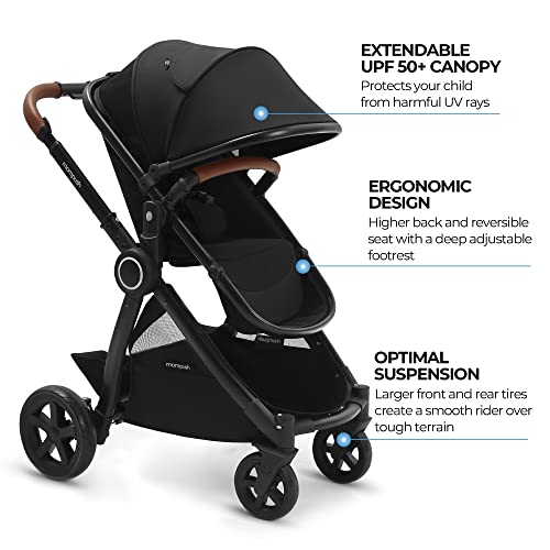 Mompush Ultimate2 Baby Stroller, Premium Convertible Full-Size Bassinet Stroller for Toddler, Newborn Stroller with Reversible Seat, One Hand Recline Pushchair Pram, Car Seat Adapter Included Black