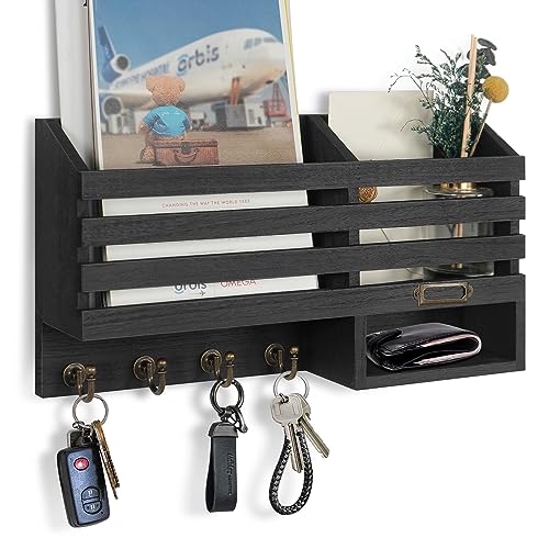 FifthQuarter Key Holder for Wall: Easy Mounted Key Rack and Mail Organizer with Store Shelf and Four Sturdy Keys Hooks Decor in Kitchen|Farmhouse|Entryway|Mudroom (Black)