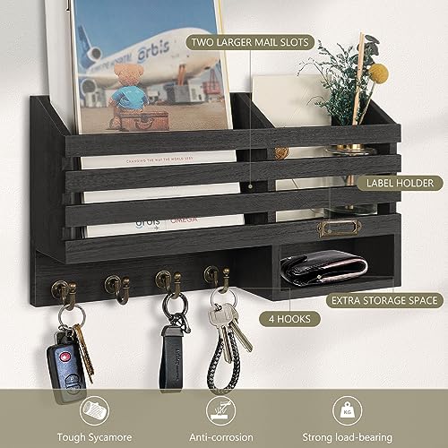 FifthQuarter Key Holder for Wall: Easy Mounted Key Rack and Mail Organizer with Store Shelf and Four Sturdy Keys Hooks Decor in Kitchen|Farmhouse|Entryway|Mudroom (Black)