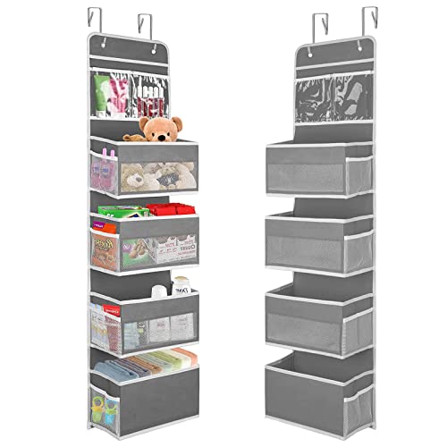 SHALORY 2 Pack Over The Door Hanging Organizer, Wall Mount Storage Hanging Organizer with 4 Large Capacity Pockets and PVC Pockets for Storage Cosmetics, Toys, and Sundries, etc（Grey）