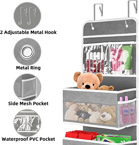 SHALORY 2 Pack Over The Door Hanging Organizer, Wall Mount Storage Hanging Organizer with 4 Large Capacity Pockets and PVC Pockets for Storage Cosmetics, Toys, and Sundries, etc（Grey）