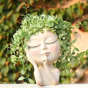 timchaser face planter pots head planter, cactus succulent planter, unique closed eyes face flower pot head planter for indoor and outdoor plants with drainage hole, flower pots(light)