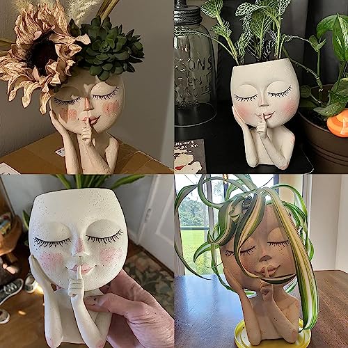 TIMCHASER Face Planter Pots Head Planter, Cactus Succulent Planter, Unique Closed Eyes Face Flower Pot Head Planter for Indoor and Outdoor Plants with Drainage Hole, Flower Pots(Light)