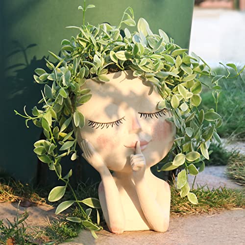 TIMCHASER Face Planter Pots Head Planter, Cactus Succulent Planter, Unique Closed Eyes Face Flower Pot Head Planter for Indoor and Outdoor Plants with Drainage Hole, Flower Pots(Light)