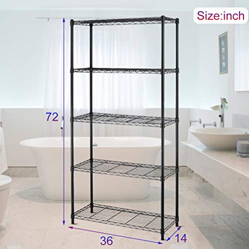 Storage Shelves Metal Wire Shelving Unit, 5-Tier NSF Heavy Duty Height Adjustable Utility Steel Garage Shelving with Leveling Feet, 36" L X 14" W X 72" H Commercial Grade Organizer Shelf Rack, Black