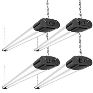 bbounder 4 pack linkable led utility shop light, 4400 lm, super bright 6500k cool daylight, 4 ft, 48 inch integrated fixture for garage, 40w equivalent 250w, surface + suspension mount, black