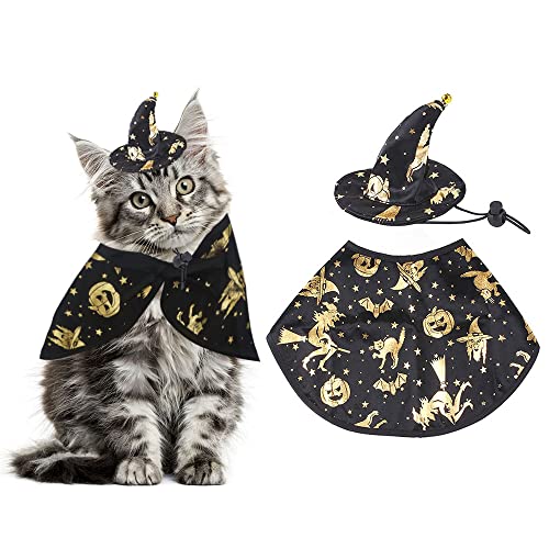 Hying Halloween Pet Black Witch Cloak for Cosplay Party Decoration, Cat Witch Hat Cosplay Costumes for Puppy Kittens Pet Accessories