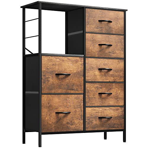 YITAHOME 7-Drawer Fabric Dresser, Furniture Storage Tower Cabinet, Organizer for Bedroom, Living Room, Hallway, Closet & Nursery, Sturdy Steel Frame, Wooden Top, Easy-to-Pull Fabric Bins(Rustic Brown)