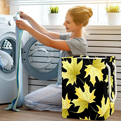 Laundry Hamper Yellow Maple Leaves Pattern Black Background Collapsible Laundry Baskets Firm Washing Bin Clothes Storage Organization for Bathroom Bedroom Dorm