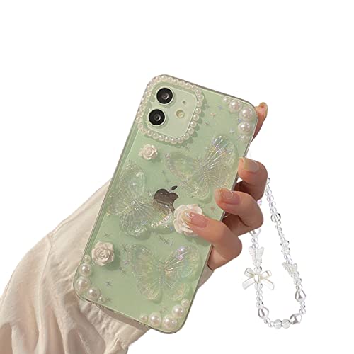 Fycyko Compatible for iPhone 12/12 Pro 3D Butterfly Floral Clear with Design Aesthetic Women Teen Girls Glitter Pretty Crystal Sparkle Sparkly Cute Girly Phone Cases Protective Cover+Chain-Clear