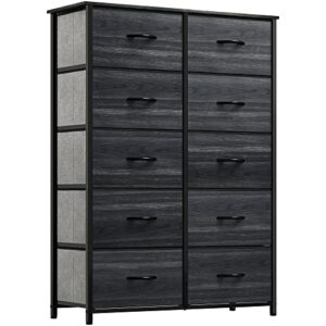 yitahome 10 drawer dresser - fabric storage tower, organizer unit for living room, hallway, closets & nursery - sturdy steel frame, wooden top & easy pull fabric bins (charcoal black wood grain)