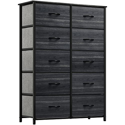 YITAHOME 10 Drawer Dresser - Fabric Storage Tower, Organizer Unit for Living Room, Hallway, Closets & Nursery - Sturdy Steel Frame, Wooden Top & Easy Pull Fabric Bins (Charcoal Black Wood Grain)