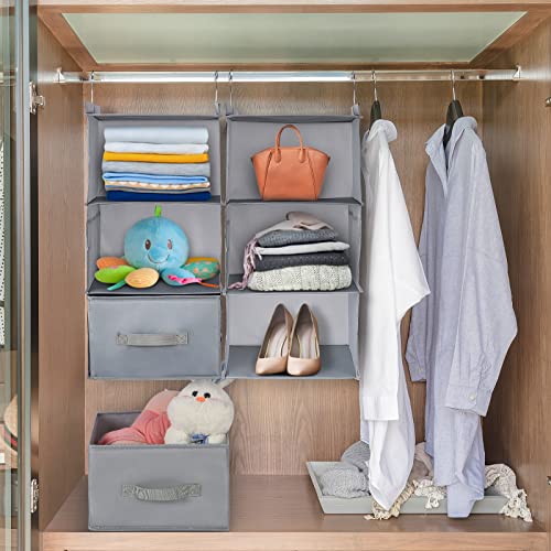 LayerSpace 2 Pack Hanging Closet Organizer 3-Shelf, Large Size Hanging Shelves for Closet with Side Pocket, Linen, 12.2" D x 12.2" W x 27.9" H, Dark Grey