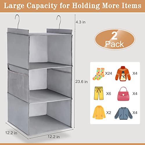 LayerSpace 2 Pack Hanging Closet Organizer 3-Shelf, Large Size Hanging Shelves for Closet with Side Pocket, Linen, 12.2" D x 12.2" W x 27.9" H, Dark Grey