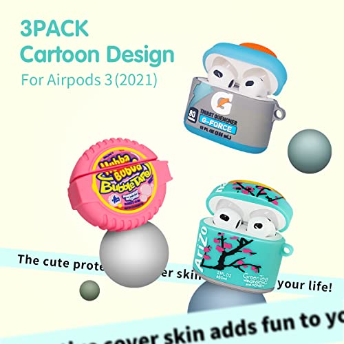 (3Pack) Food Airpod 3 Case for Airpods 3rd Gen, 3D Cartoon Airpods 3 Cover Funny Cute Silicone Protective Case for Airpods 3rd Generation for Girl Boys Kids (Sport Water+Green Drinks+Bubble Gum)