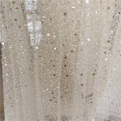 51" Wide Exquisite Heavily Pearl Beaded Soft Tulle Wedding Lace Fabric Clear French Sequined Lace Fabrics for Wedding Dress Bridal Veil DIY Home Decoration (3 Yard, White 2)