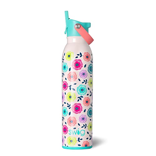 Swig Life 20oz Insulated Water Bottle with Straw & Flip + Sip Handle | Leak Proof, Dishwasher Safe, Cup Holder Friendly, Stainless Steel Water Bottle in Dipsy Daisy