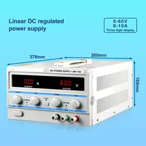 Variable DC Power Supply, 0-60V 0-10A Adjustable Regulated DC Bench Linear Power Supply with 3-Digits LED Coarse and Fine Adjustments with US Cord