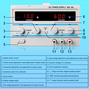 Variable DC Power Supply, 0-60V 0-10A Adjustable Regulated DC Bench Linear Power Supply with 3-Digits LED Coarse and Fine Adjustments with US Cord