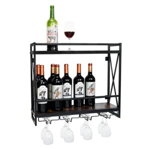 farmhouse wall mounted wine rack, industrial vintage hanging wine shelf, 2-tier solid wood wine rack with stemware glasses holder, multipurpose storage display shelf for kitchen living room cafe bar