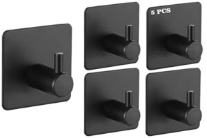 adhesive hooks - 5 pack heavy duty wall hooks waterproof stainless steel hooks for hat towel robe hooks rack wall mount - bathroom kitchen home hotel office cabinet and bedroom matte black01